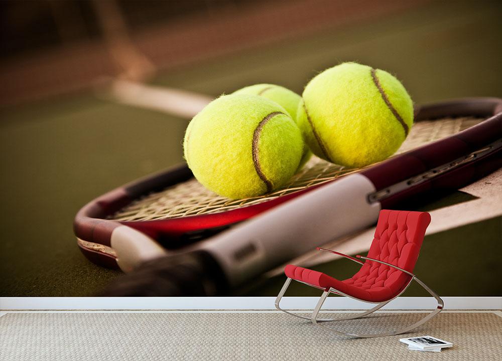 Shot of a tennis racket and tennis balls Wall Mural Wallpaper | Canvas ...